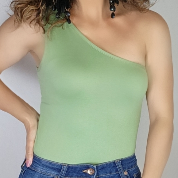 Tops | New One Shoulder Solid Bodysuit Basil Green | Poshmark